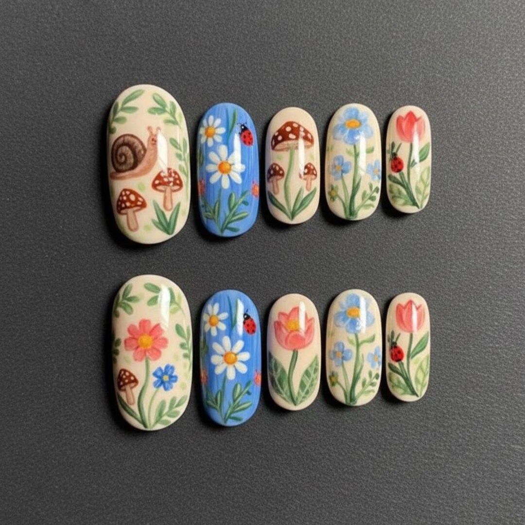 Cottagecore Floral Press on Nails | Hand Painted Flowers, Mushroom ...