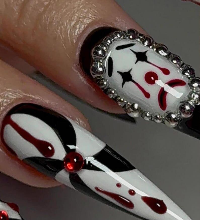 Harlequin Gothic Stiletto Press on Nails | Creepy Clown Nail Art | Black, White & Red Diamond ...