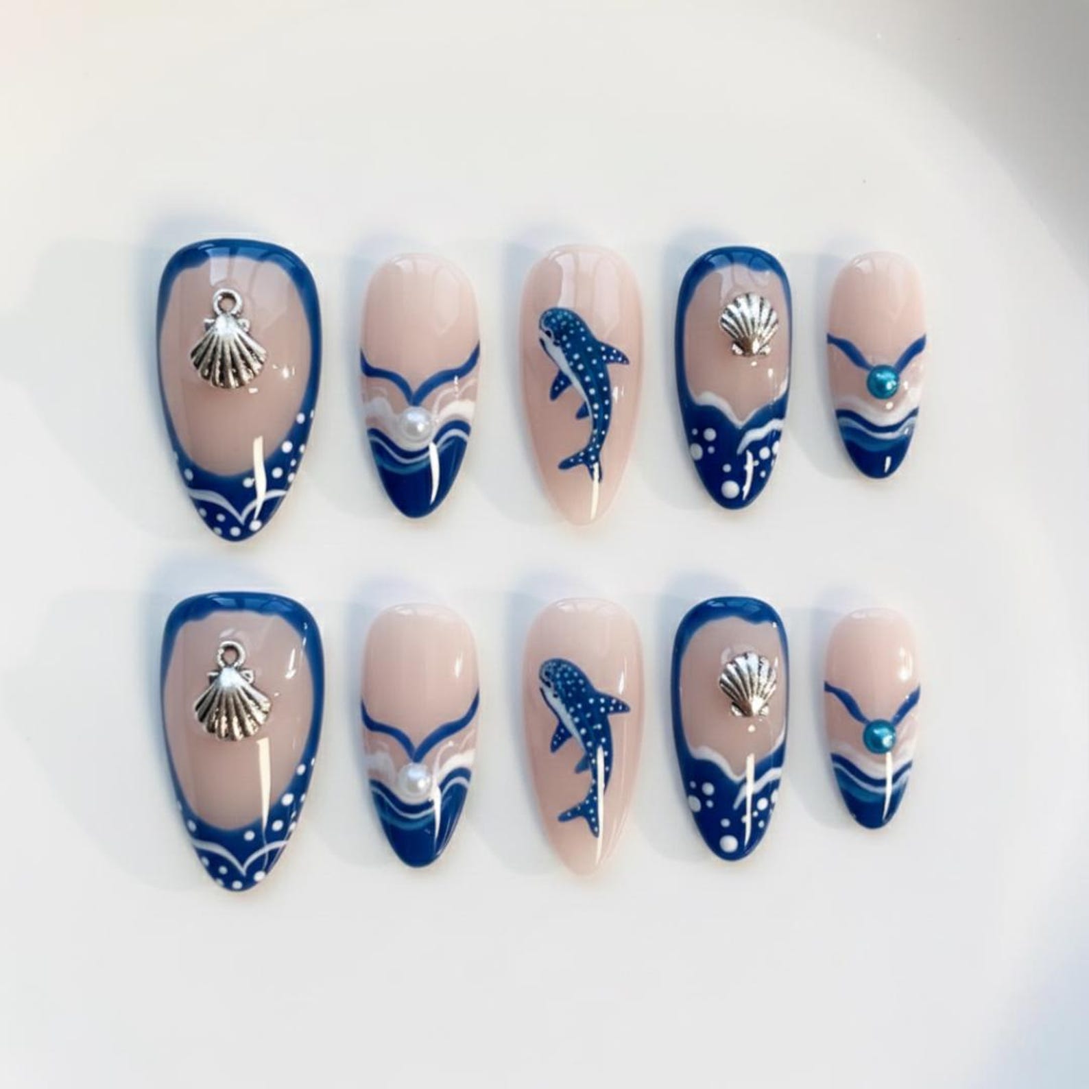 3D Deep Ocean Press on Nails | Blue Whale and Pearl Nail Art | Nautical ...
