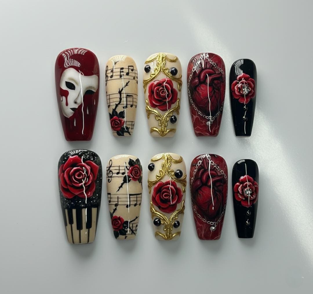 Phantom of the Opera Press on Nails | Gothic Masquerade Theatre Mask ...