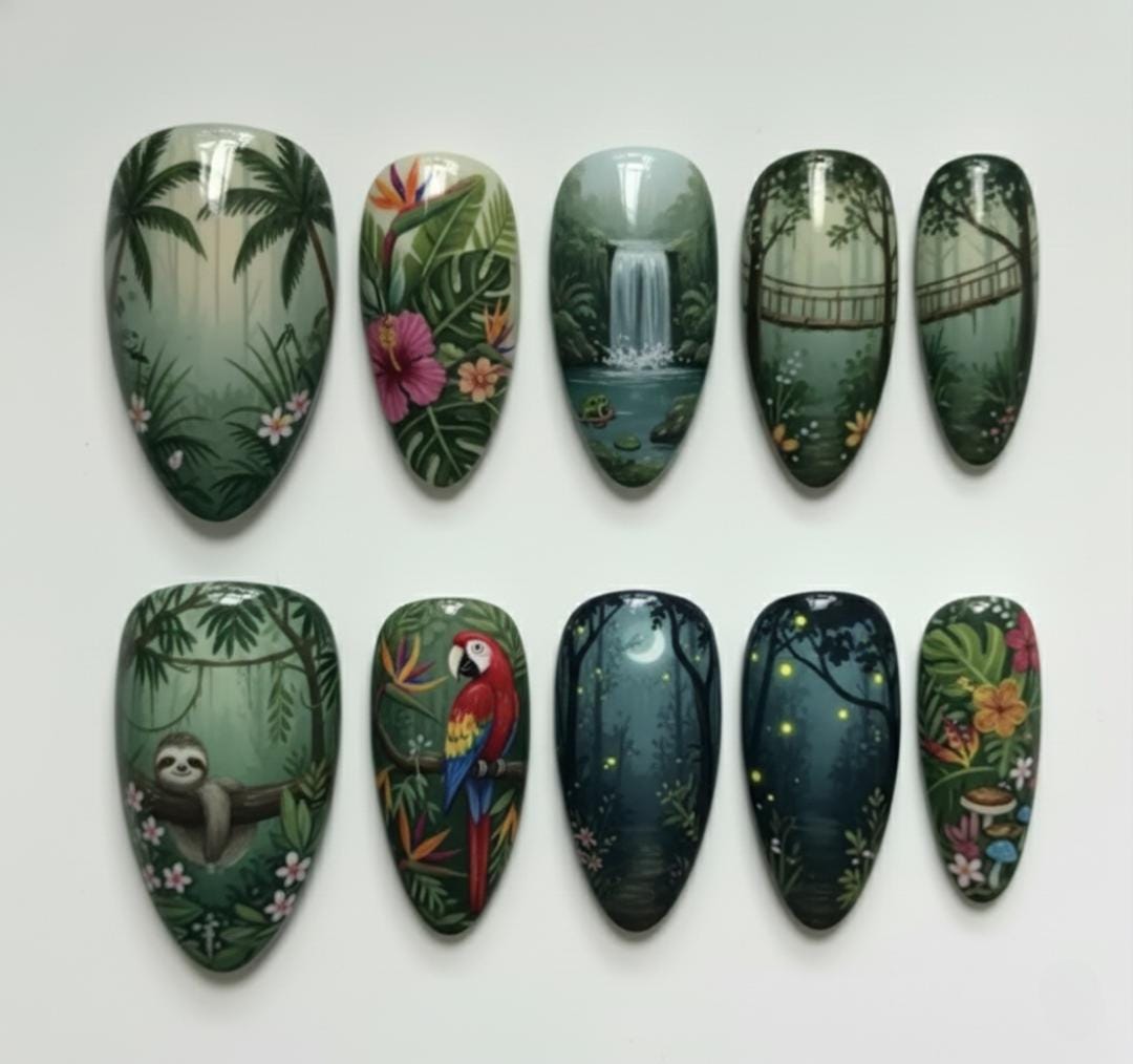 Tropical Jungle Press on Nails, Hand-painted Sloth and Parrot Nail Art ...