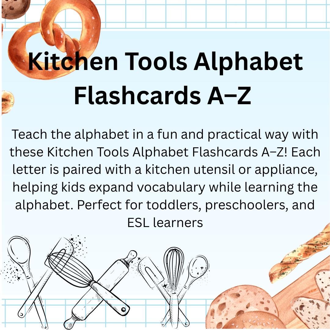Kitchen Alphabet Flashcards A–Z | Printable Cooking Tools Learning ...