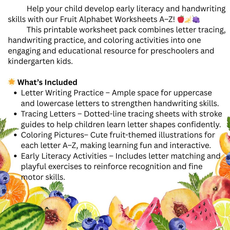 Fruit Alphabet Worksheets A–Z – Printable Tracing, Handwriting ...