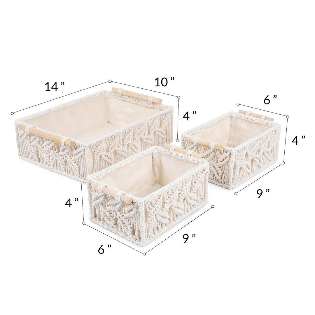 Handmade Macrame Storage Basket Set of 3 | off White Cotton Lined ...