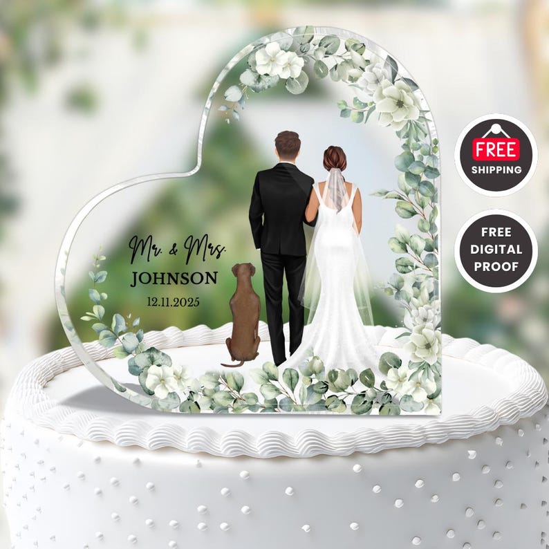Personalized Wedding Cake Topper: Acrylic Heart Plaque, Bride & Groom ...
