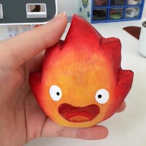 Cute Fire Spirit Wood Carving, Kawaii Flame Monster Figurine, Japanese ...