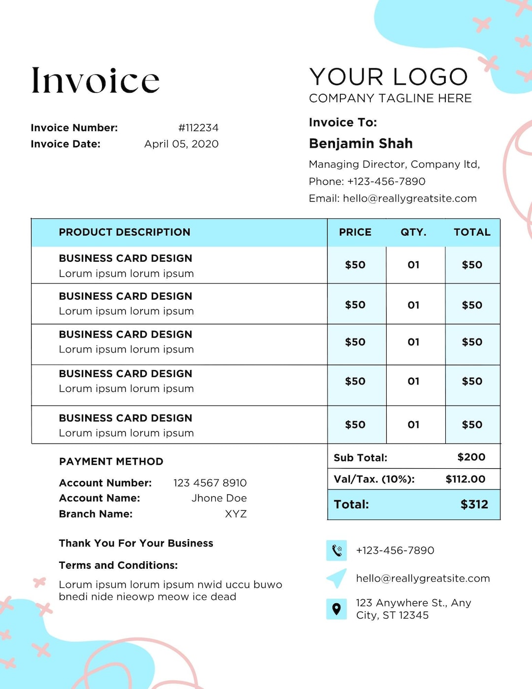 Construction Invoice Template | Editable Canva Billing Form ...
