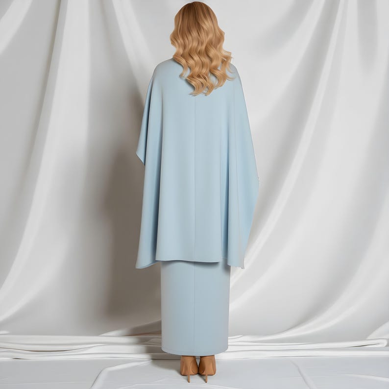 Soft Blue Cape Sleeve Sheath Prom Dress With Long Sleeves Elegant ...