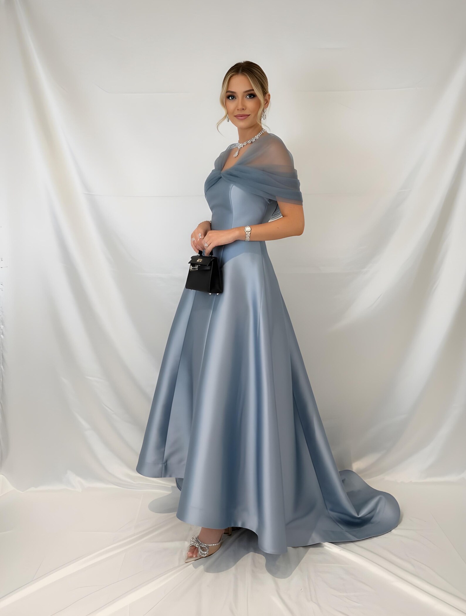 Customization Dusty Blue Satin Prom Dress | off Shoulder A-line Formal ...