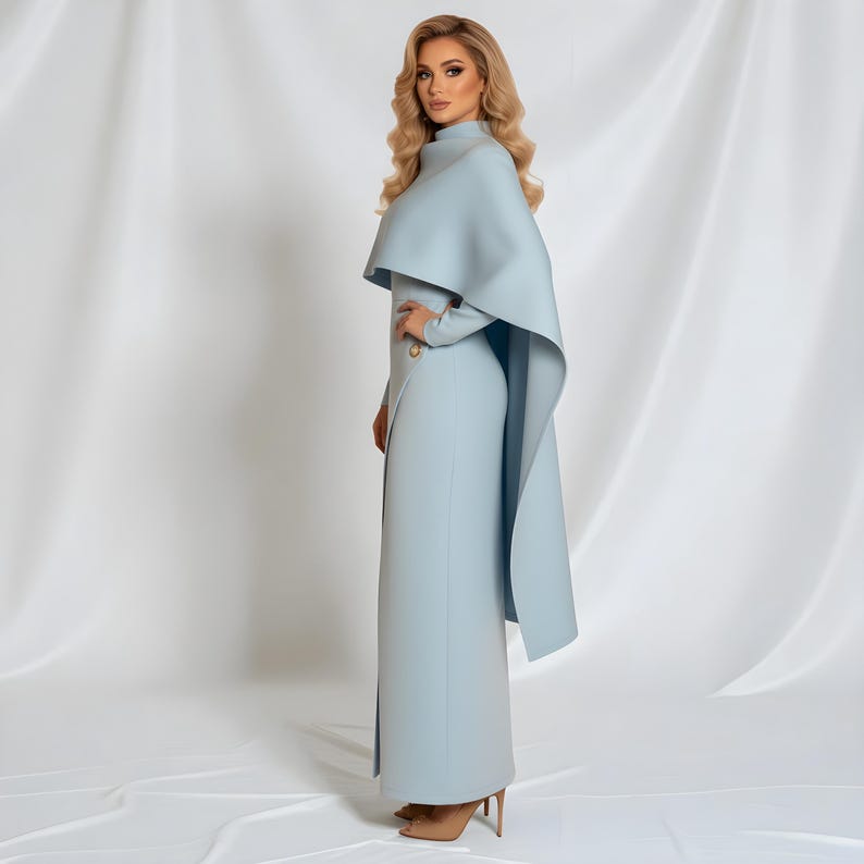 Soft Blue Cape Sleeve Sheath Prom Dress With Long Sleeves Elegant ...