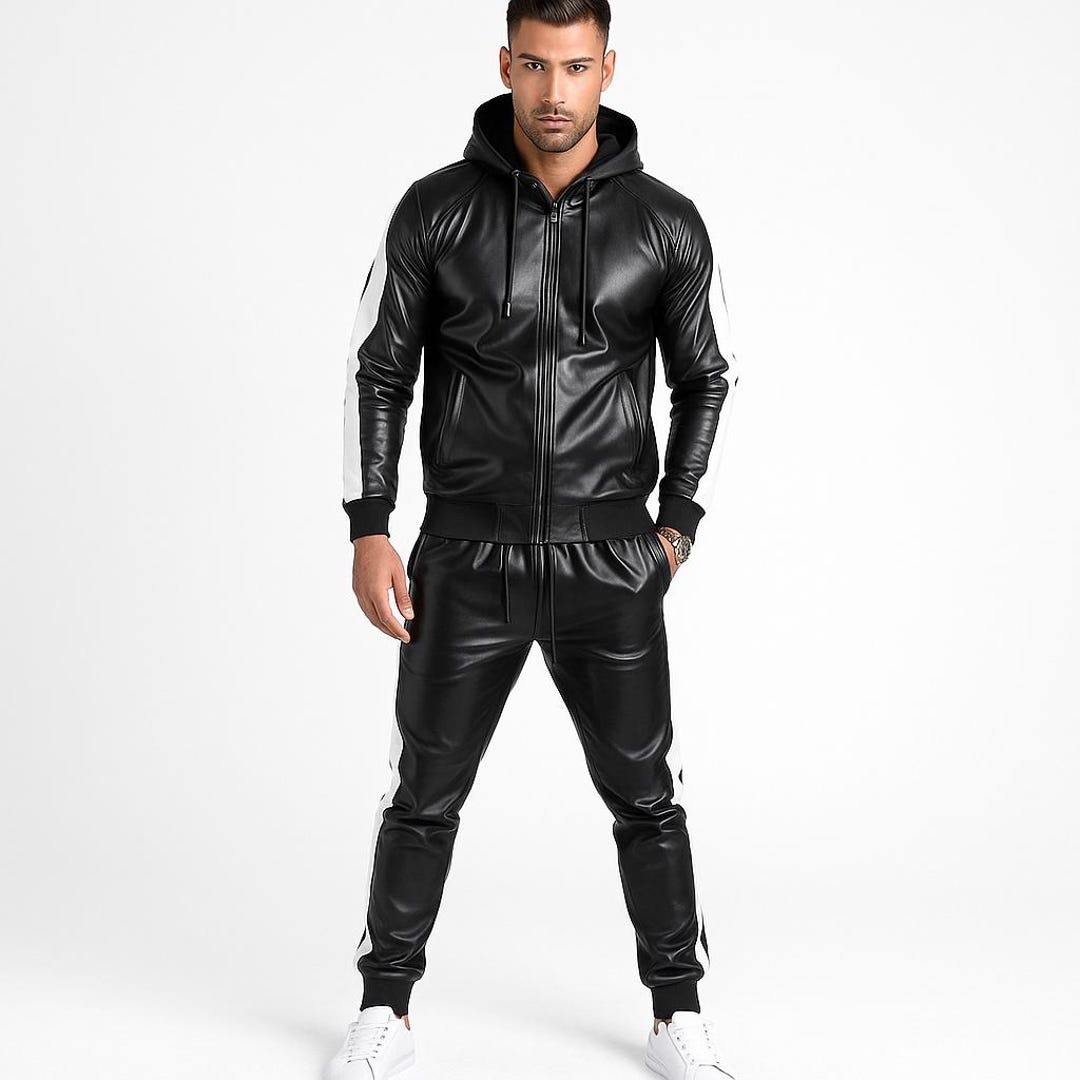 Men's Black Leather Tracksuit: Slim Fit Biker Hoodie & Joggers - Etsy