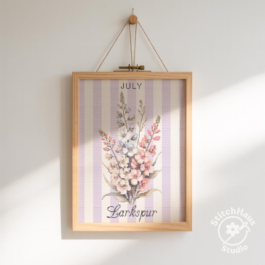 July Larkspur Cross Stitch Pattern, July Birth Flower Floral Sampler ...