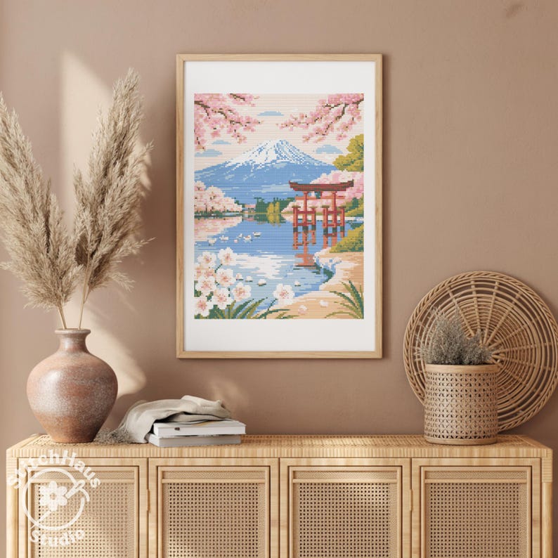 Mount Fuji Cross Stitch Pattern PDF, Japanese Landscape With Cherry ...