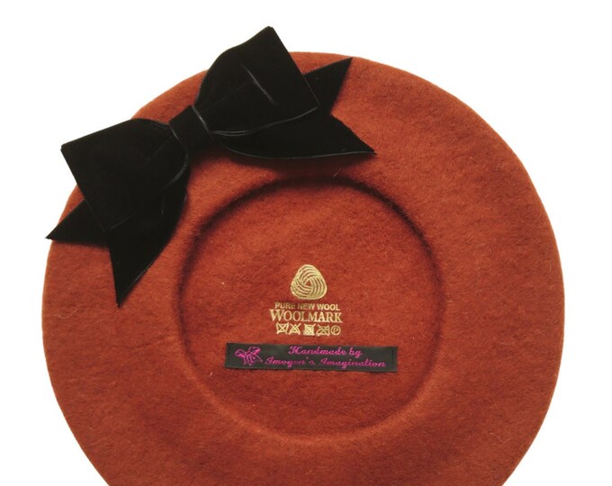 Russet Red Wool Felt Beret Hat With Black Velvet Ribbon Bow, Russet ...