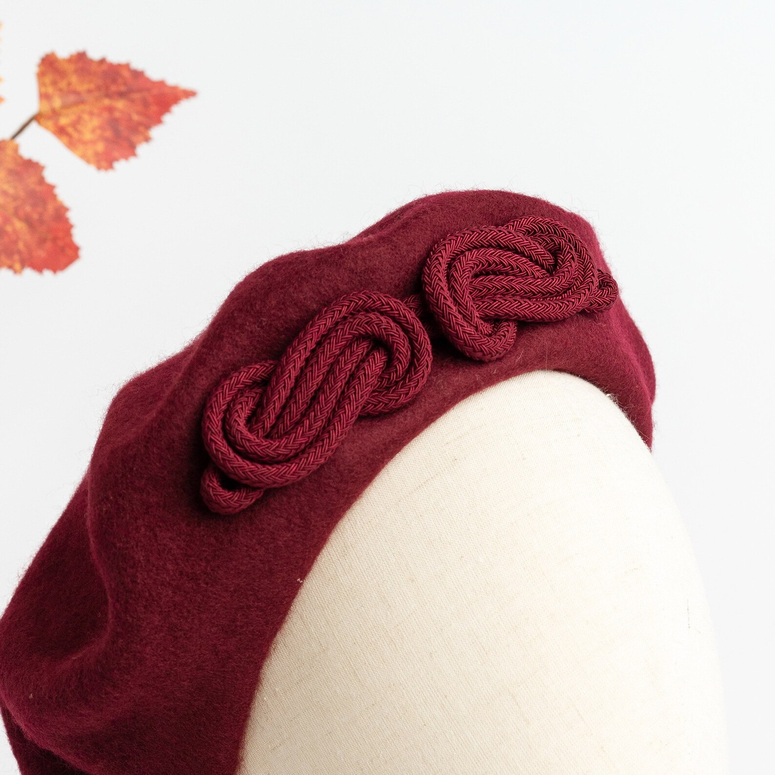 Wine Red Wool Felt Beret Hat With Cord Knot Motif, Burgundy French ...