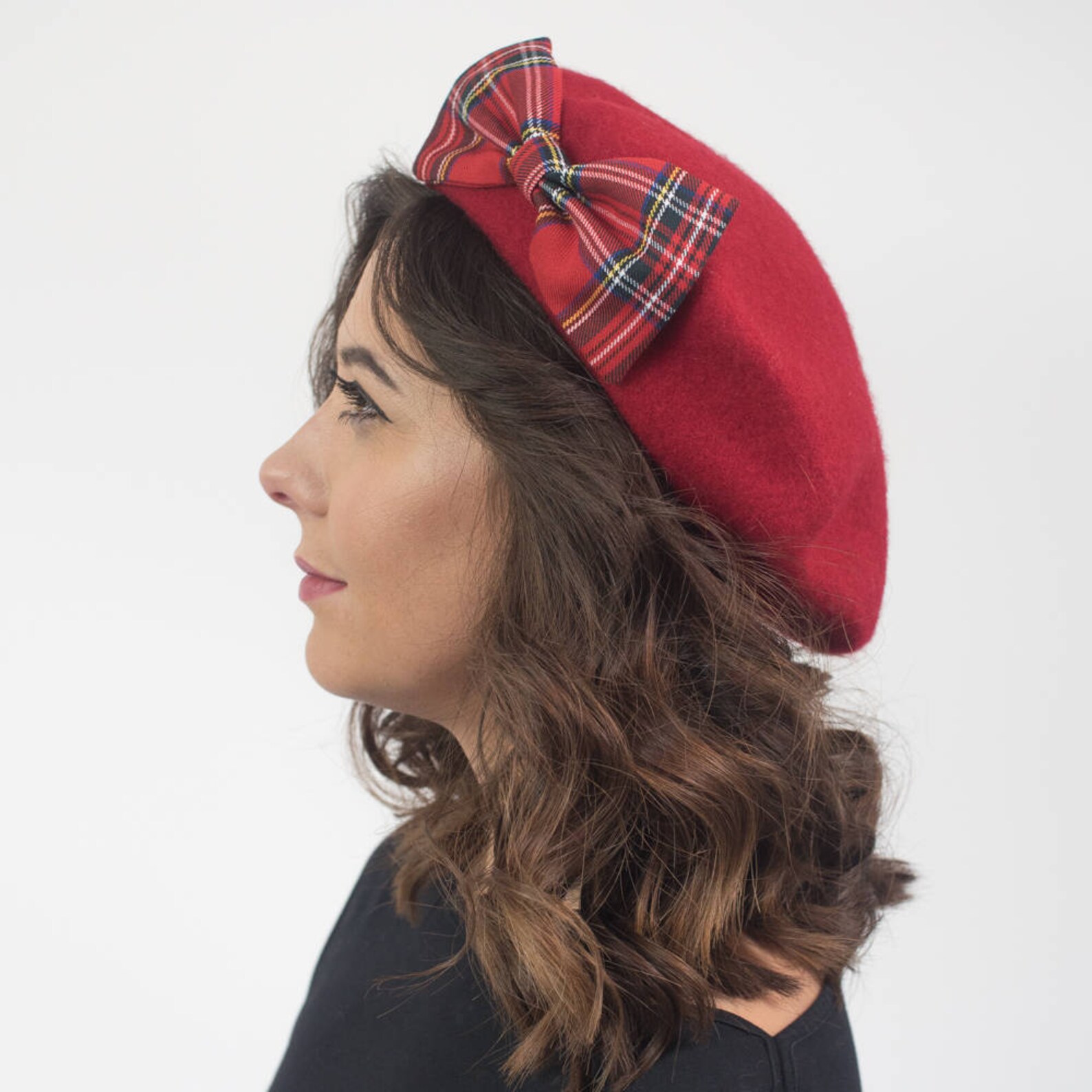 Red Wool Felt Beret Hat With Red Tartan Bow Red French Beret | Etsy