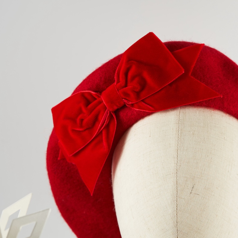 Scarlet Red Wool Felt Beret Hat With Red Velvet Ribbon Bow, Red French ...
