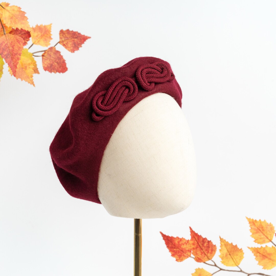 Wine Red Wool Felt Beret Hat With Cord Knot Motif, Burgundy French ...
