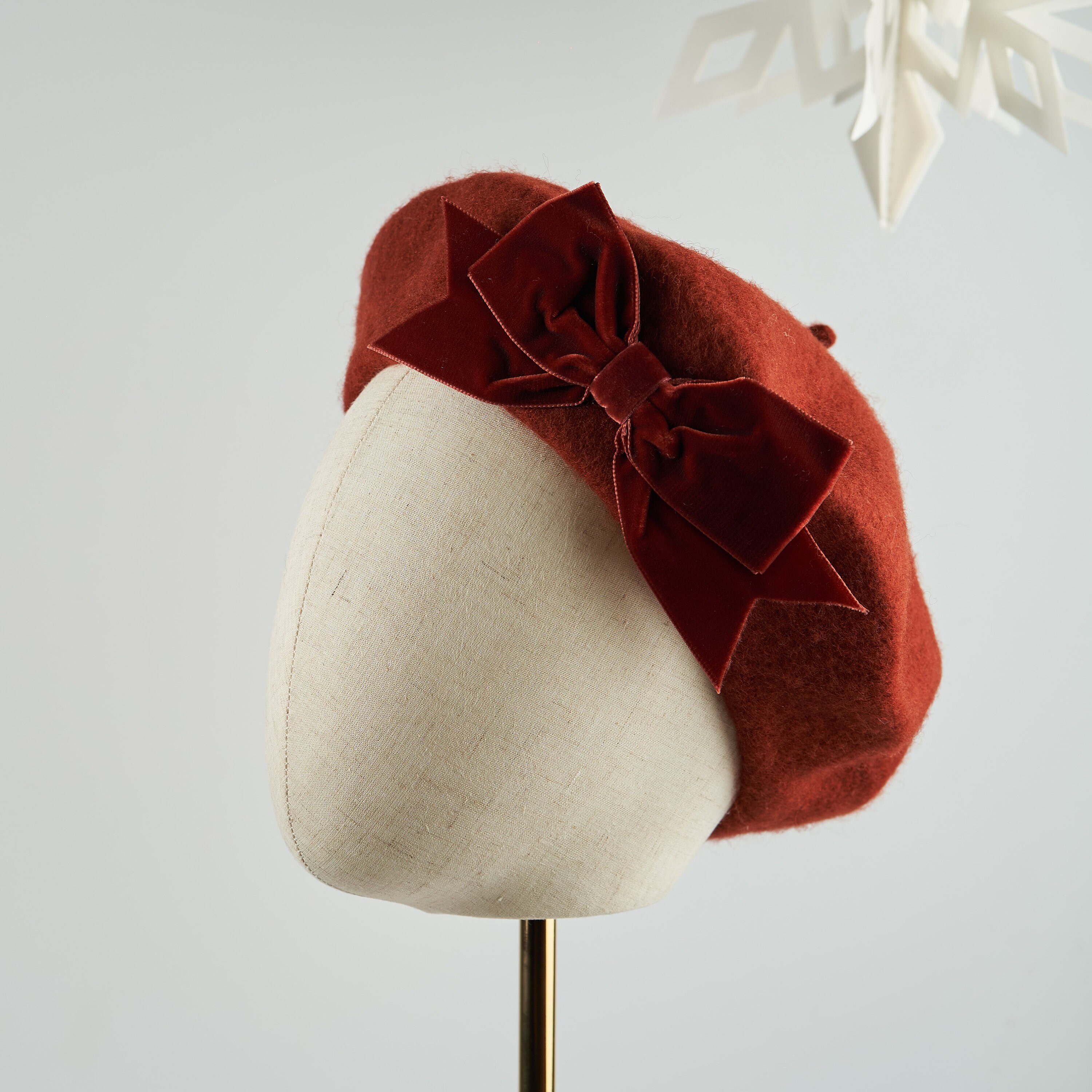 Russet Red Wool Felt Beret Hat With Russet Velvet Ribbon Bow, Russet ...
