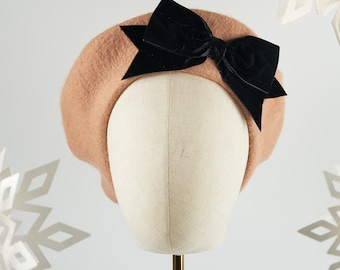 Russet Red Wool Felt Beret Hat With Russet Velvet Ribbon Bow | Etsy UK