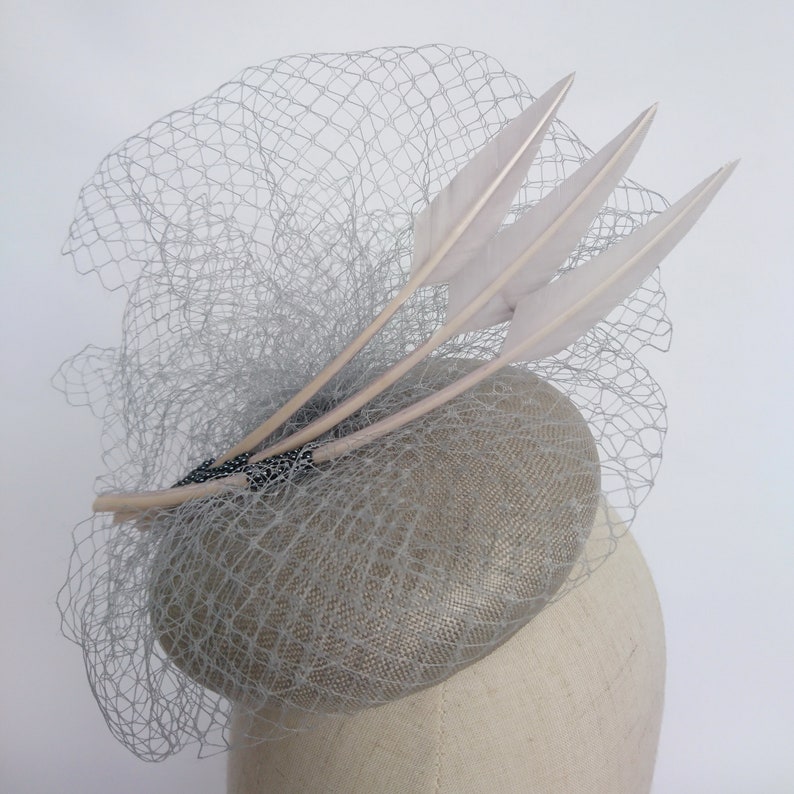 Grey Straw Pill Box Hat With Veiling and Feathers Grey - Etsy UK