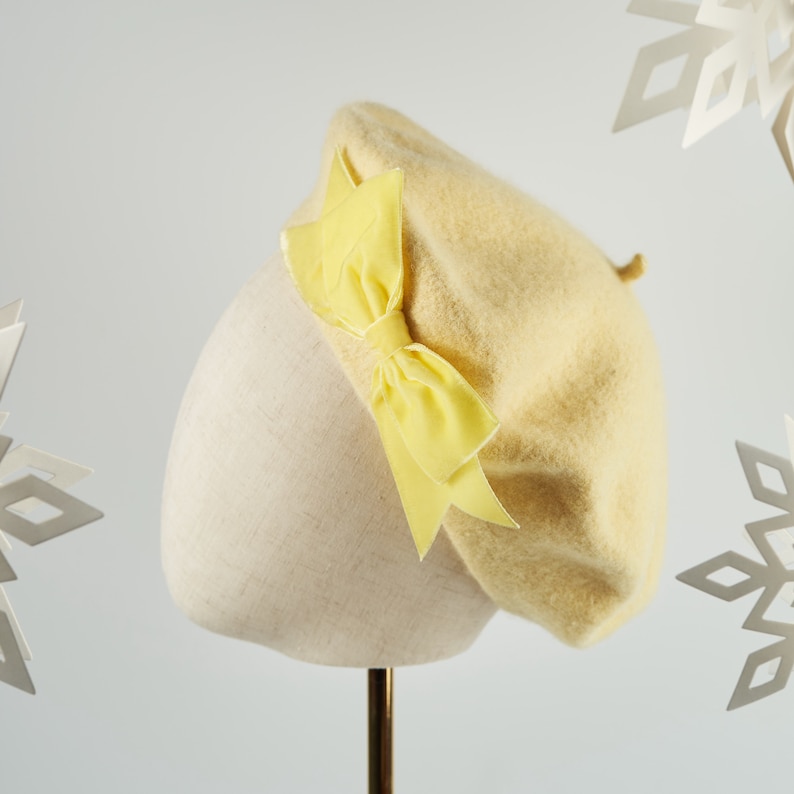 Pale Yellow Wool Felt Beret Hat With Yellow Velvet Ribbon Bow | Etsy