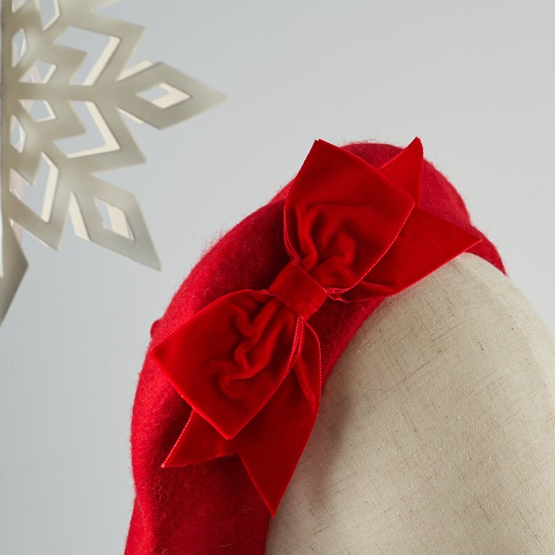 Scarlet Red Wool Felt Beret Hat With Red Velvet Ribbon Bow, Red French ...