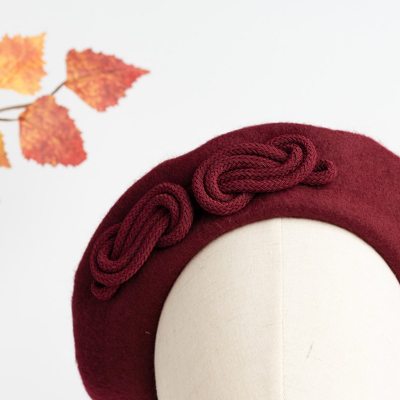 Wine Red Wool Felt Beret Hat With Cord Knot Motif, Burgundy French ...
