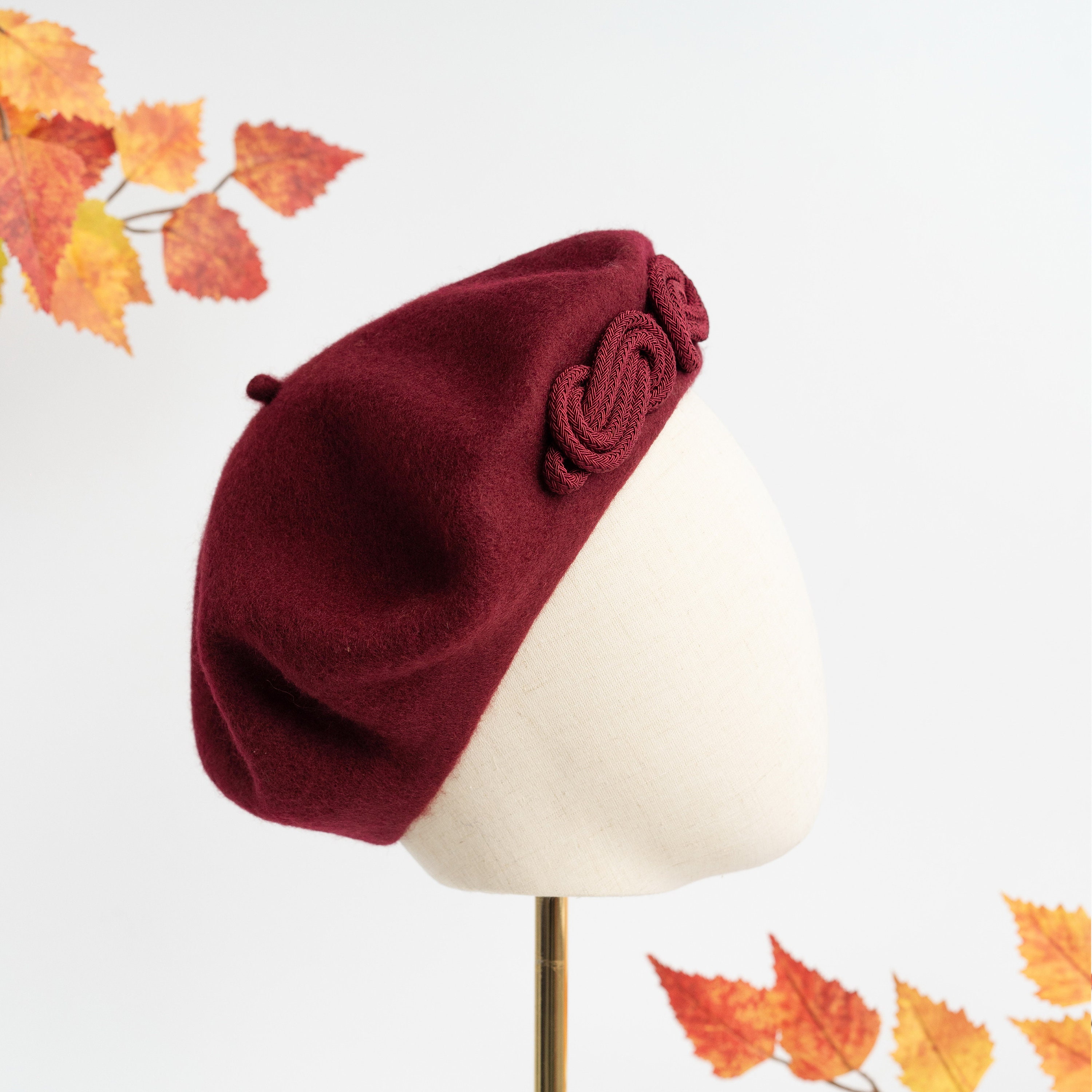 Wine Red Wool Felt Beret Hat With Cord Knot Motif, Burgundy French ...