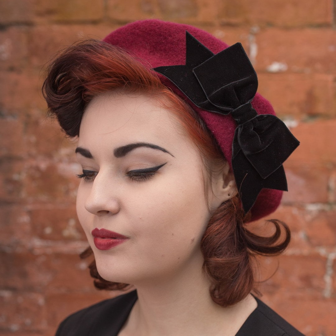 Wine Red Wool Felt Beret Hat With Black Velvet Ribbon Bow, Burgundy Red ...