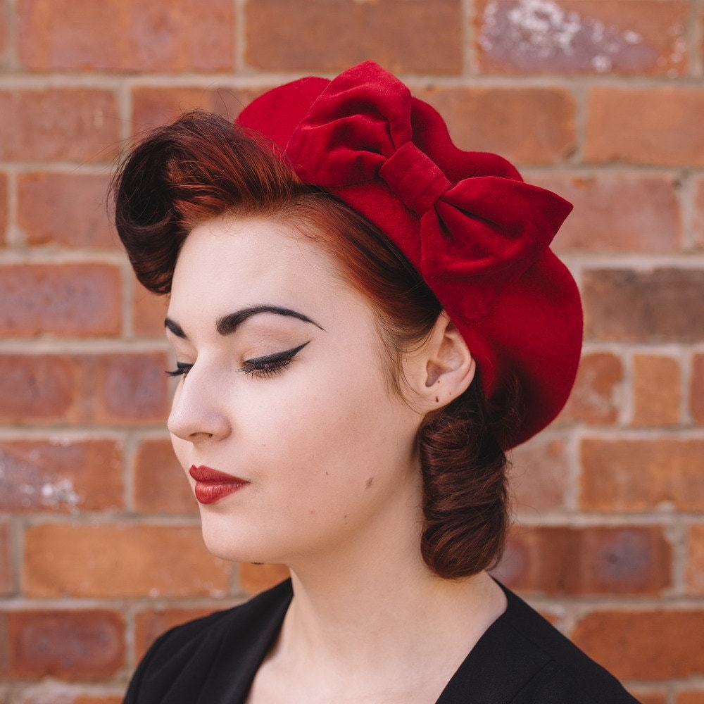 Red Wool Felt Beret Hat With Red Velvet Bow, Red French Beret Hat, Red ...