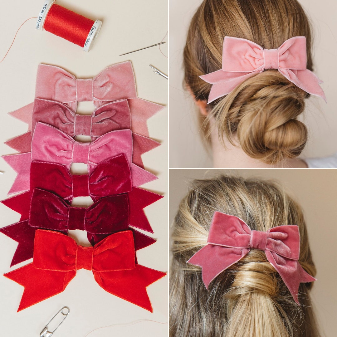 Set of 2 Pink or Red Velvet Ribbon Bow Hair Clips, Pair of Pink or Red ...