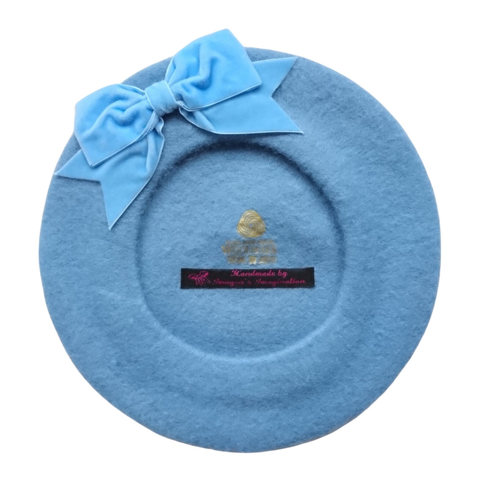 Cornflower Blue Wool Felt Beret Hat With Blue Velvet Ribbon Bow, Blue ...