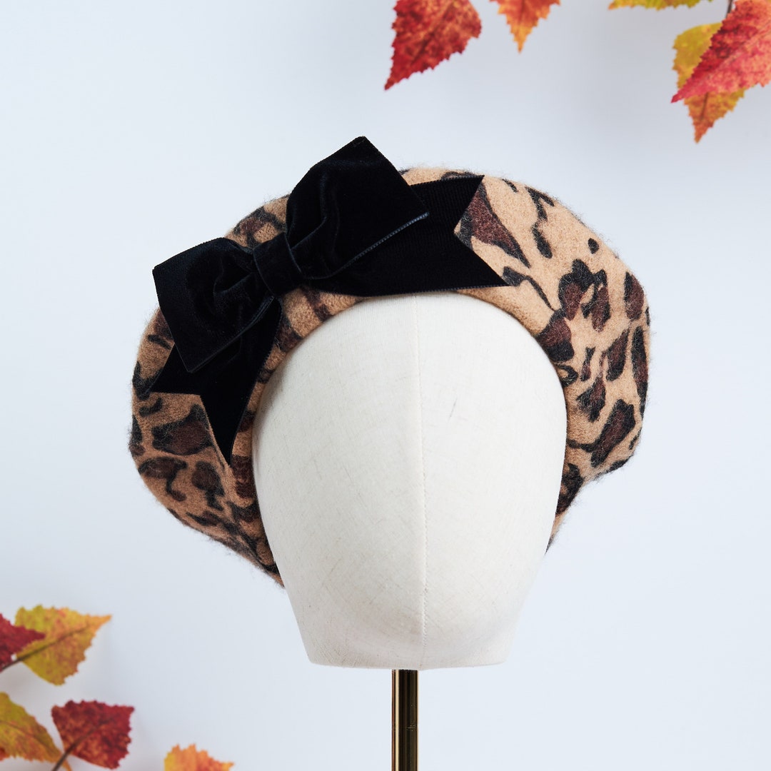 Leopard Print Wool Felt Beret Hat With Black Velvet Ribbon Bow, Classic ...