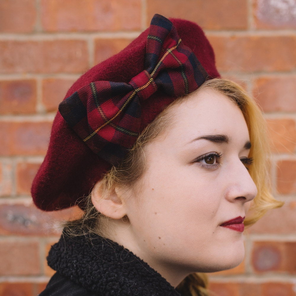 Wine Red Wool Felt Beret Hat with Wine Navy Brown Tartan Bow | Etsy