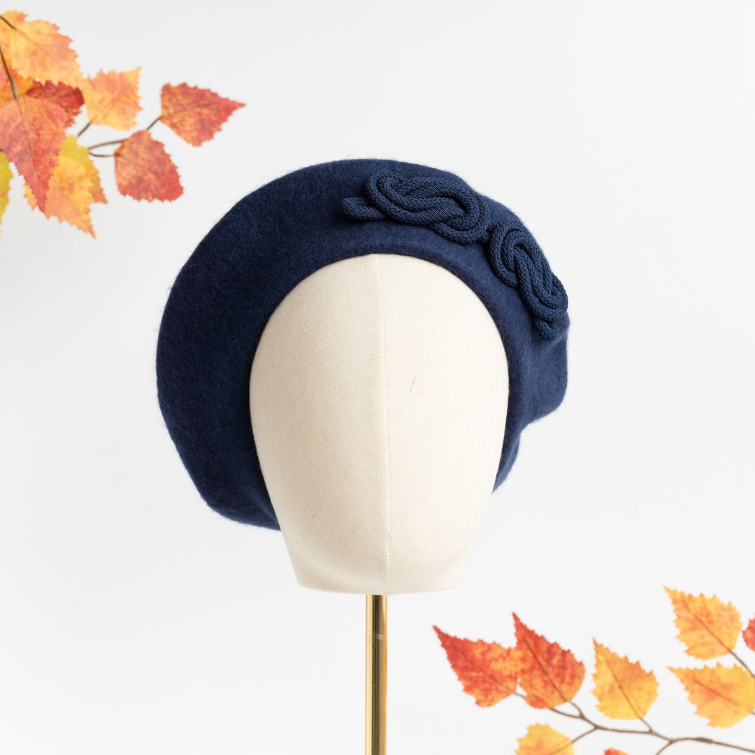 Navy Blue Wool Felt Beret Hat With Cord Knot Motif, Navy Blue French ...