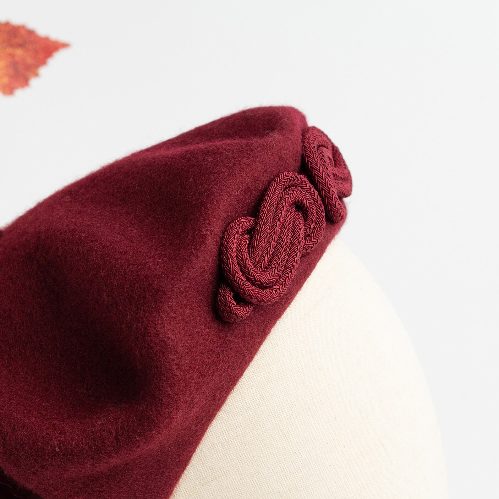 Wine Red Wool Felt Beret Hat With Cord Knot Motif, Burgundy French ...