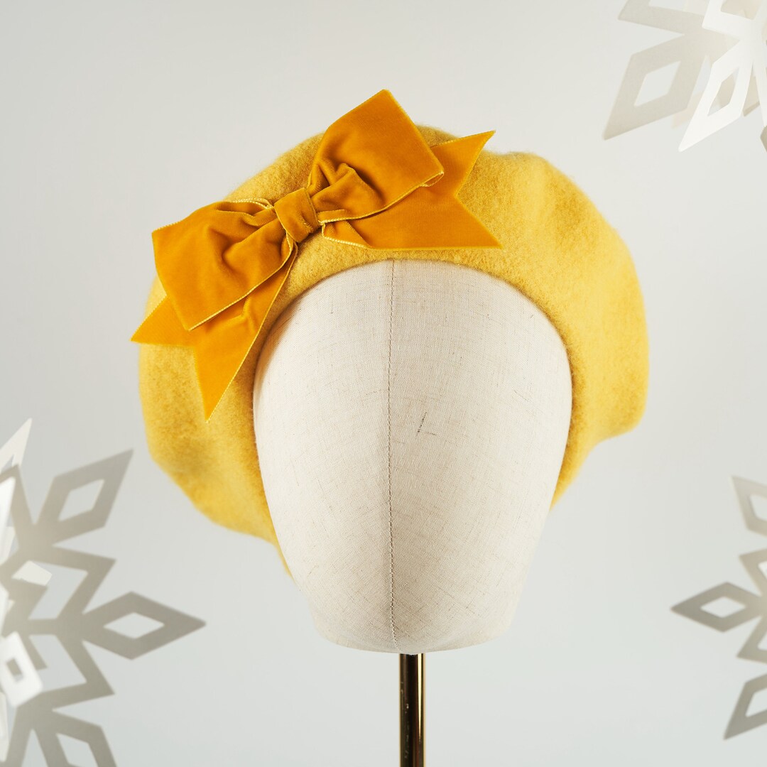 Mustard Wool Felt Beret Hat With a Mustard Velvet Ribbon Bow, Yellow ...