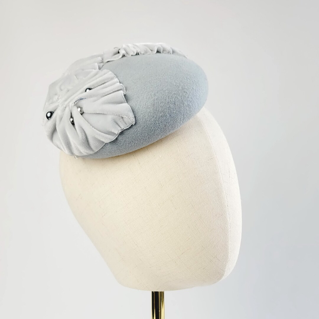 Ice Blue Felt Pill Box Hat With Velvet Leaves, Pale Blue Cocktail Hat ...
