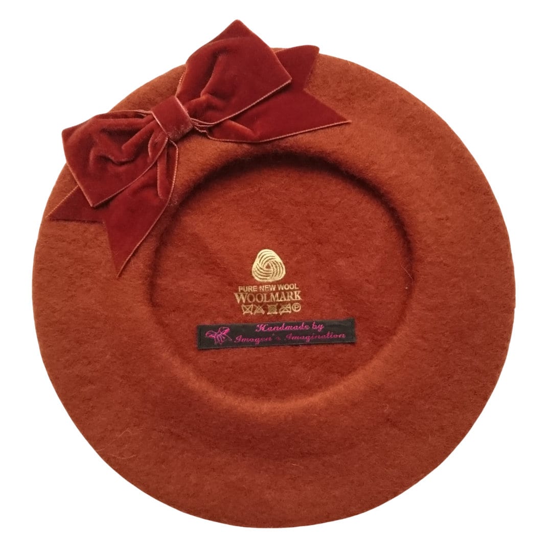 Russet Red Wool Felt Beret Hat With Russet Velvet Ribbon Bow, Russet ...