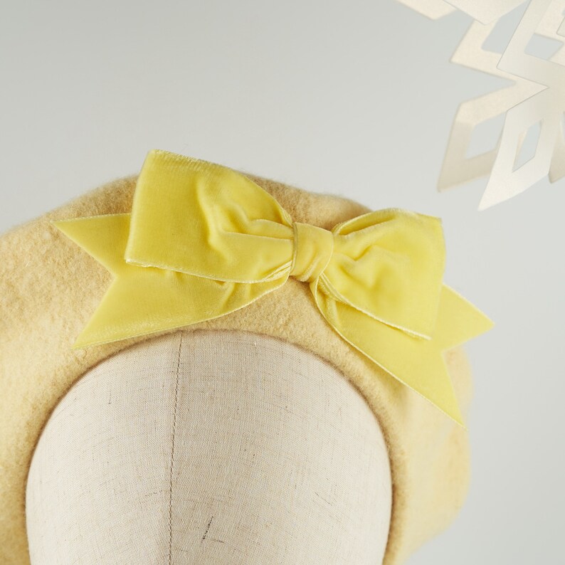 Pale Yellow Wool Felt Beret Hat With Yellow Velvet Ribbon Bow | Etsy