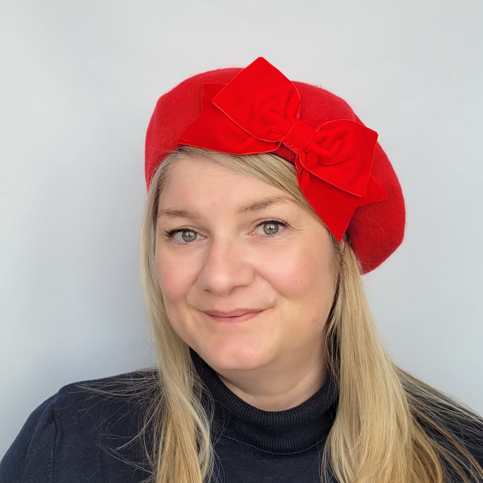Scarlet Red Wool Felt Beret Hat With Red Velvet Ribbon Bow, Red French ...