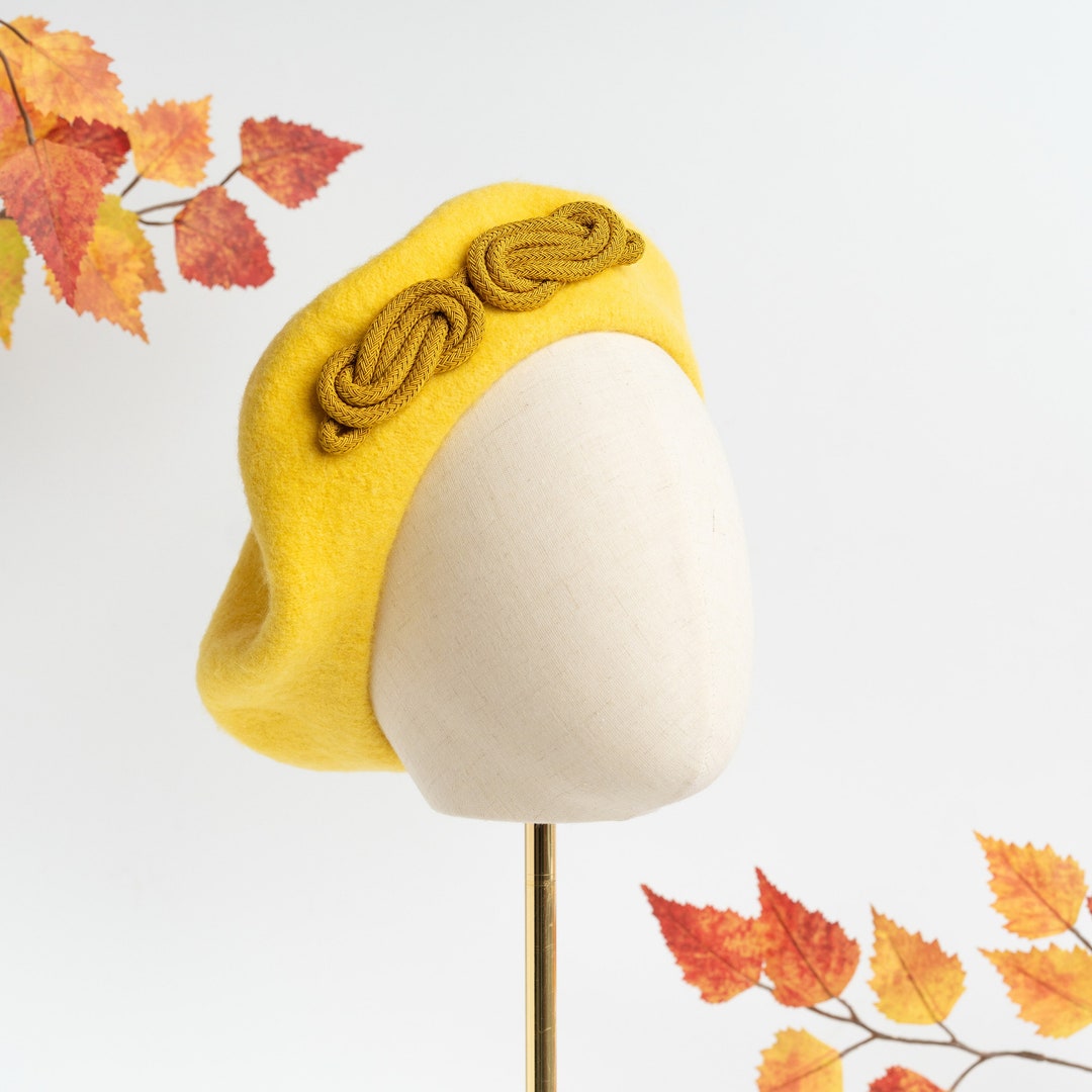 Mustard Yellow Wool Felt Beret Hat With Cord Knot Motif, Yellow French ...