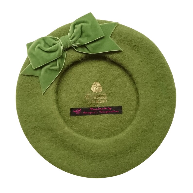Moss Green Wool Felt Beret Hat With Green Velvet Ribbon Bow, Green ...