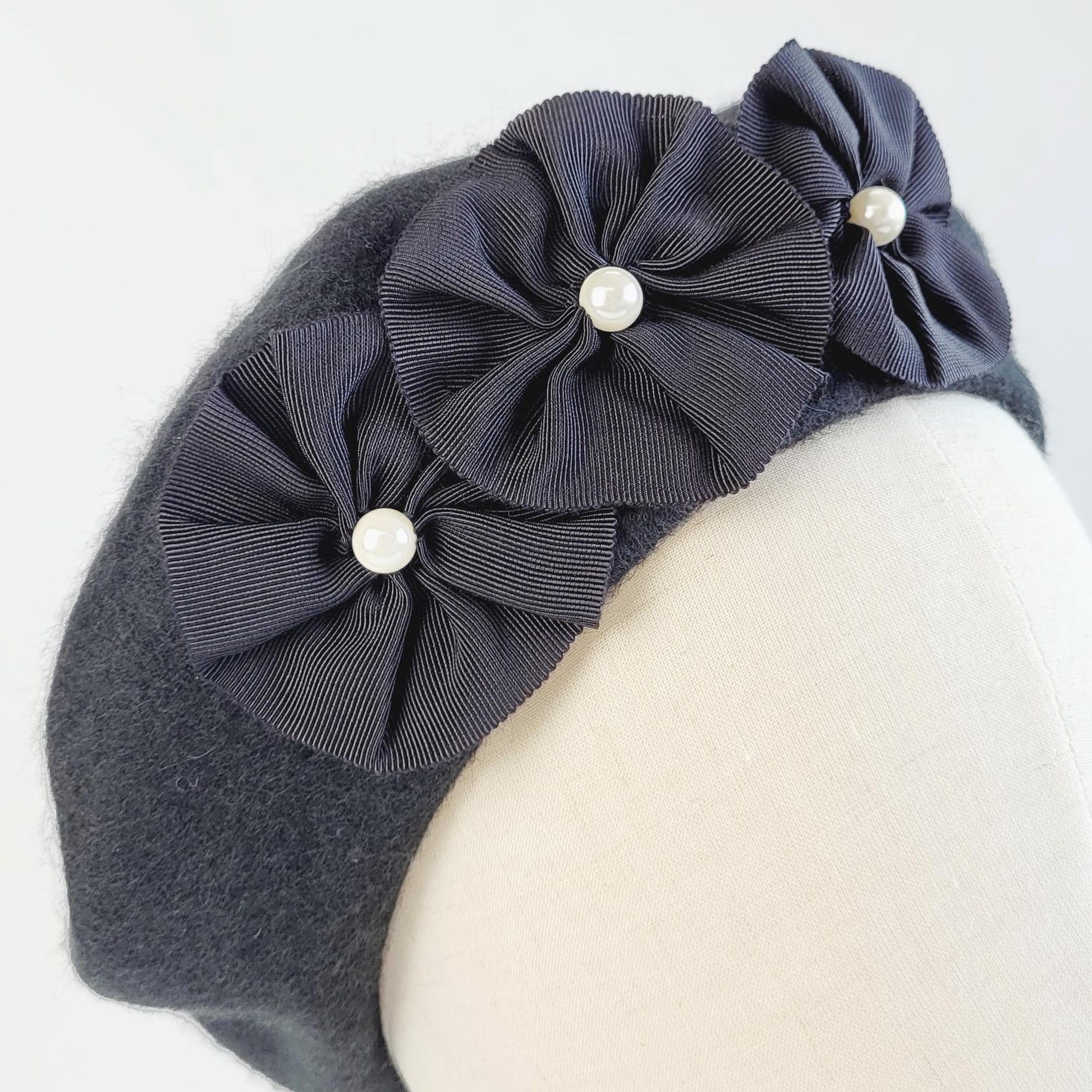 Black Wool Felt Beret Hat With Ribbon Rosettes and Pearl Studs - Etsy