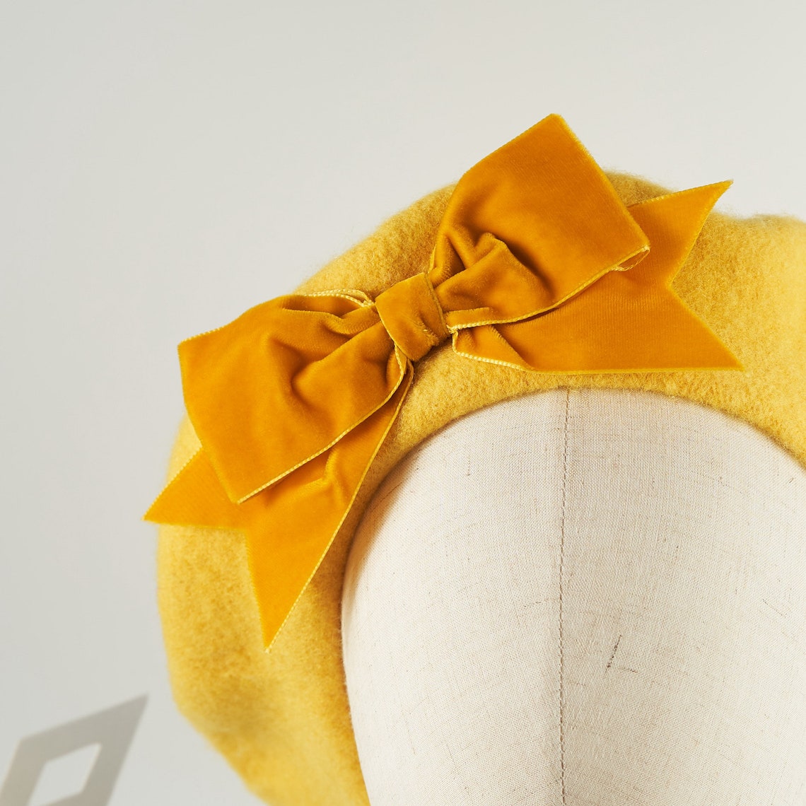 Mustard Wool Felt Beret Hat with a Mustard Velvet Ribbon Bow | Etsy