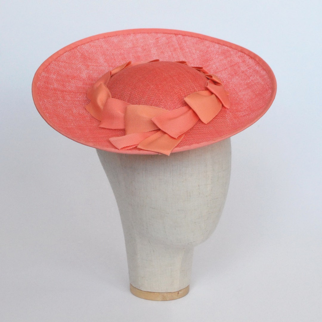 Coral Sinamay Brimmed Hat With Ribbon Trim, Coral Race Day Hat, Coral ...