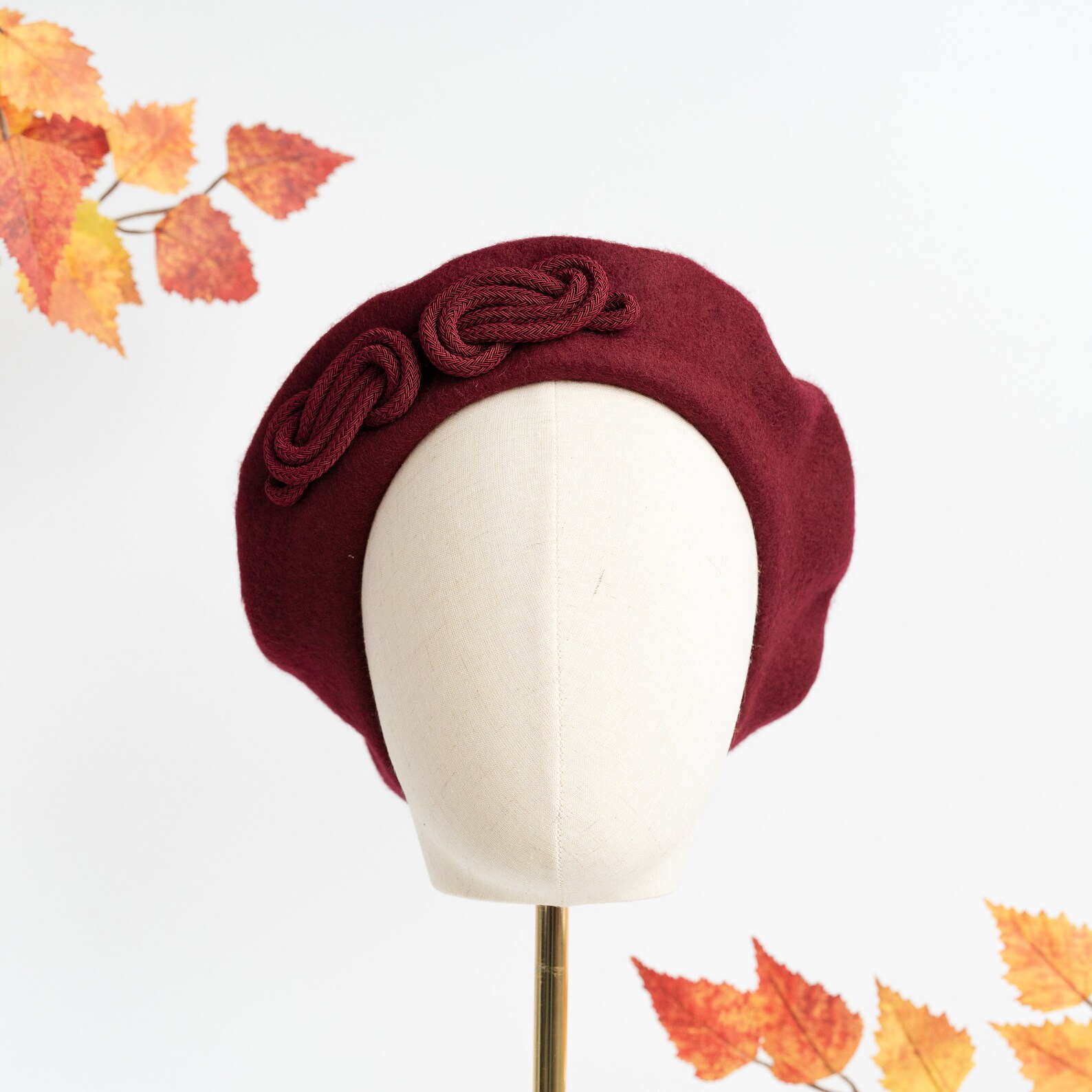 Wine Red Wool Felt Beret Hat With Cord Knot Motif, Burgundy French ...
