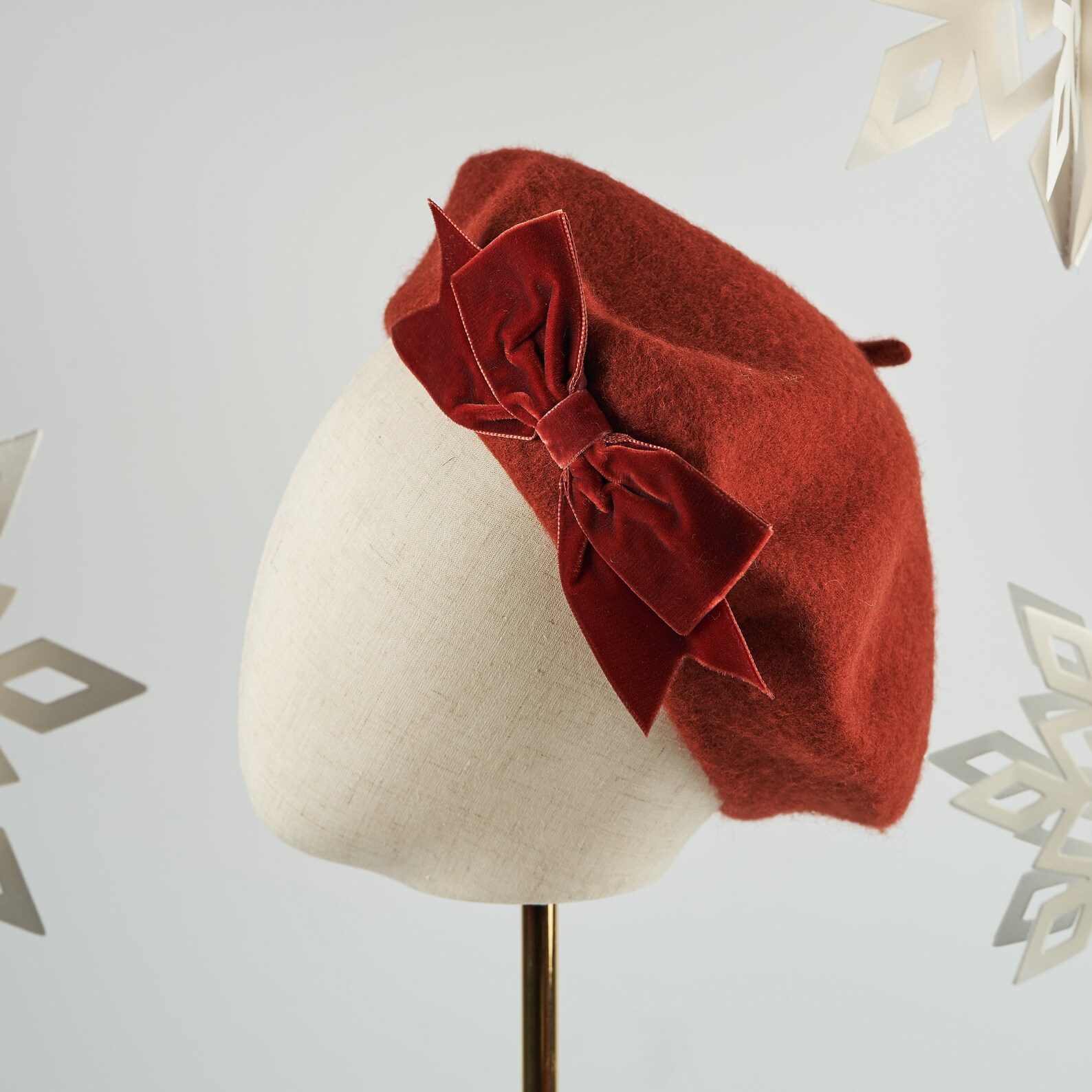 Russet Red Wool Felt Beret Hat With Russet Velvet Ribbon Bow - Etsy