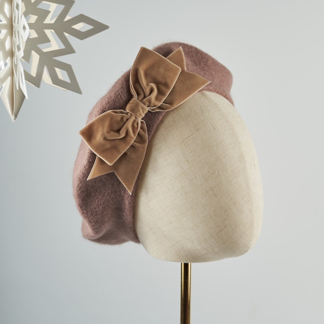 Beige Wool Felt Beret Hat With Beige Velvet Ribbon Bow, Beige French ...